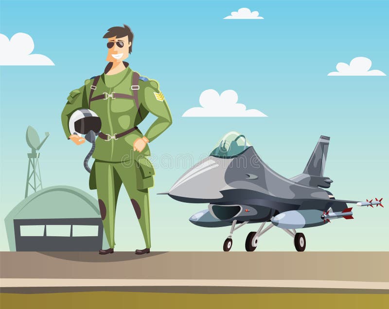 Military Pilot and Jet Fighter on Runway Stock Illustration ...