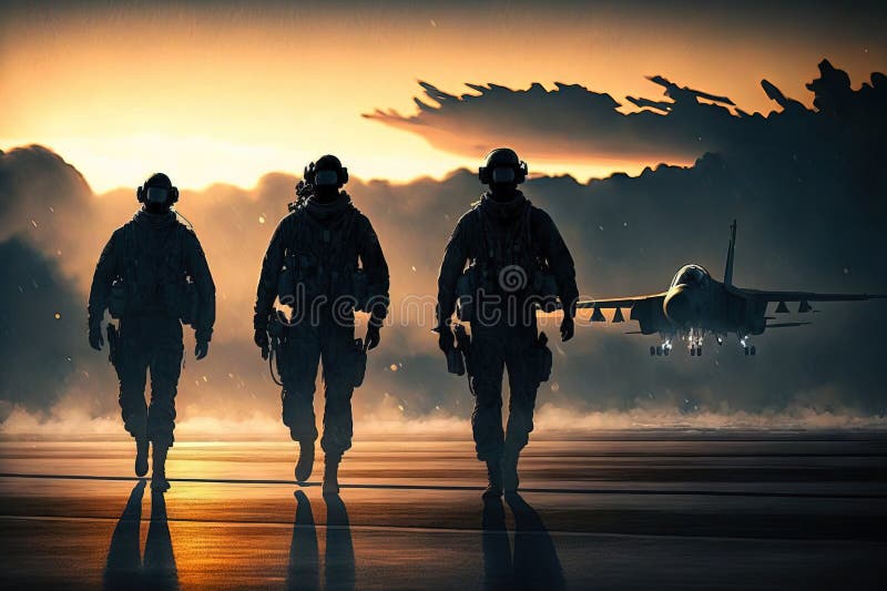 Military Pilots on the Runway As Dusk Falls Stock Illustration ...