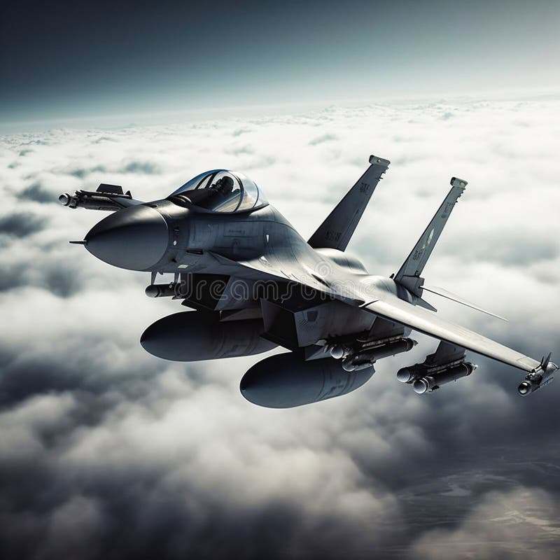 A Military Plane Flies through the Clouds Stock Illustration ...