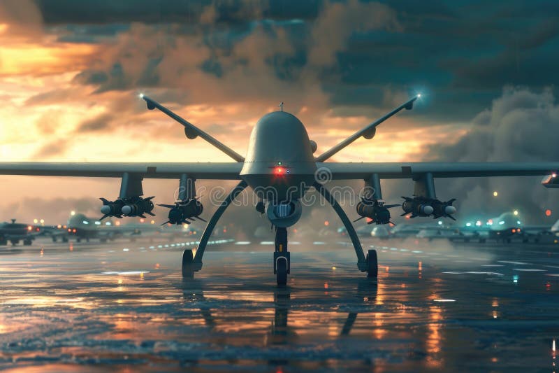 A Military Plane Takes Off from a Runway As the Sun Sets in the ...