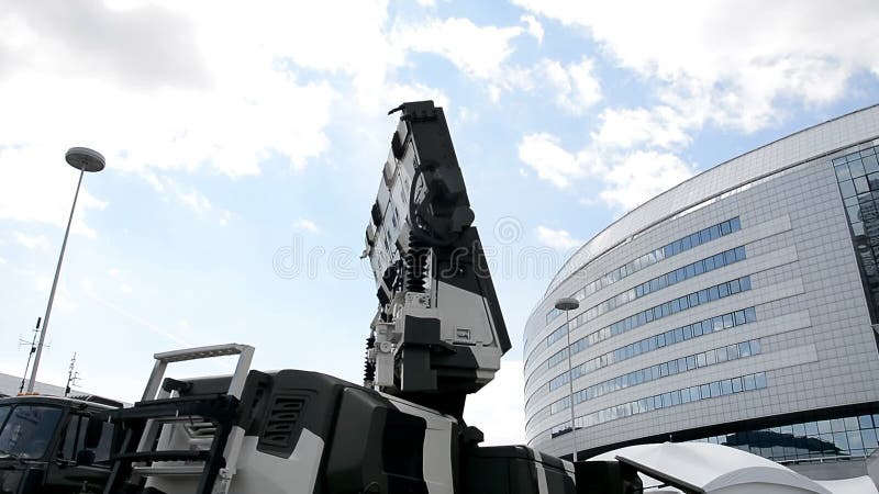 Military Radar Station Bearing, Modern Rotated Mobile Satellite Antenna ...