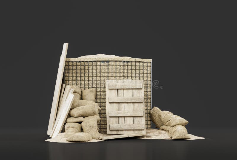 Military Sand Blocks and Military Equipment Pile, 3d Rendering Stock ...
