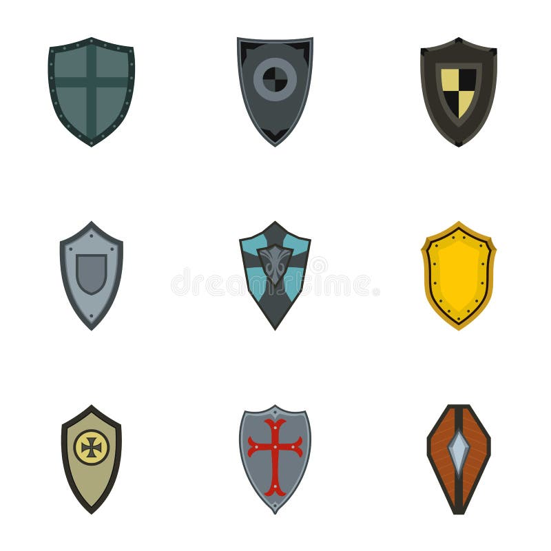Military Shield Icons Set, Flat Style Stock Vector - Illustration of ...