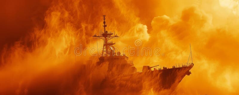 A Military Ship Ablaze with Intense Flames and Thick Smoke, Isolated on ...