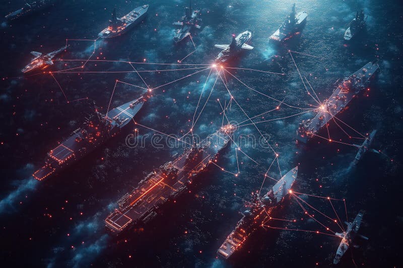 Military Ships, Jets Connected by Data Links. Naval Ships, Fighter Jets ...