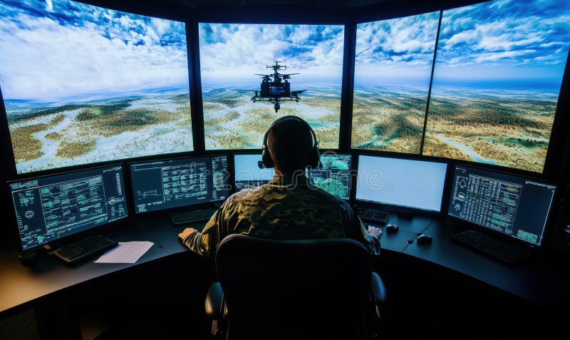 Military Simulation Cockpit with Helicopter View, Operator in Uniform ...