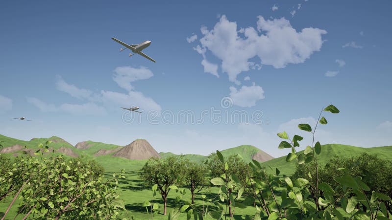 Military Single Engine Motor Drones Fly Below Forest Landscape Sunny ...