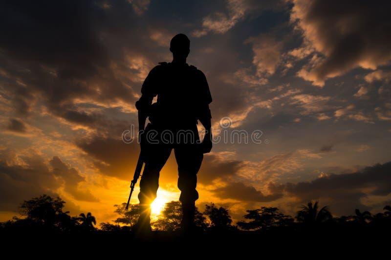 Military Soldier Against the Backdrop of the Sunset Sunny Sky ...