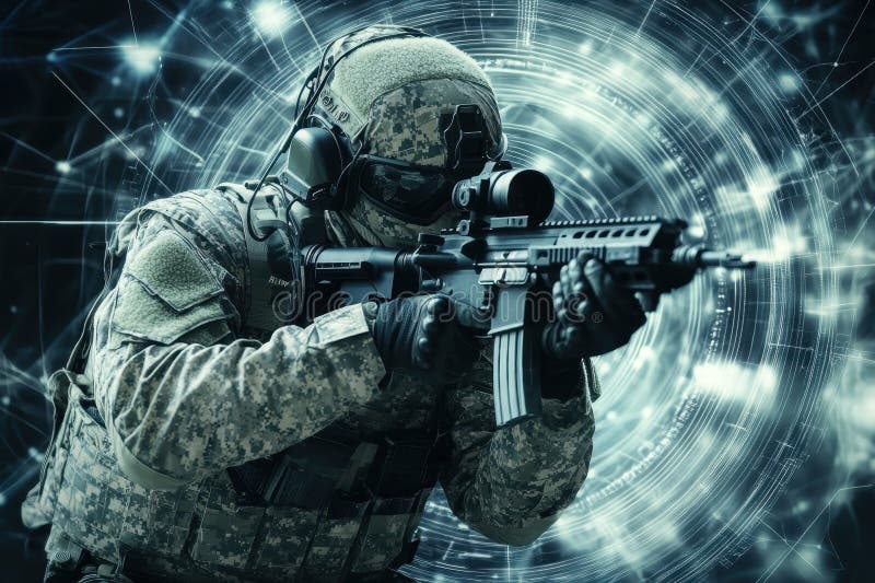 Military Soldier Aiming Rifle in a High-tech Environment with Digital ...