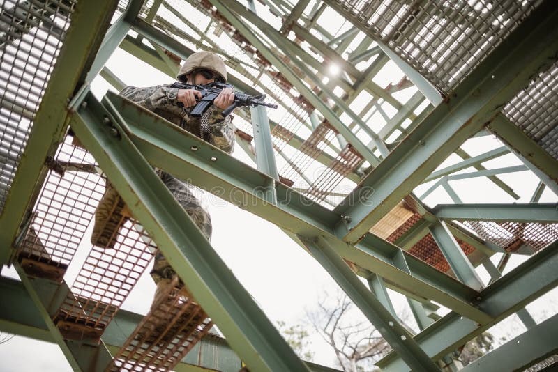 Military Soldier Guarding with a Rifle Stock Image - Image of focused ...