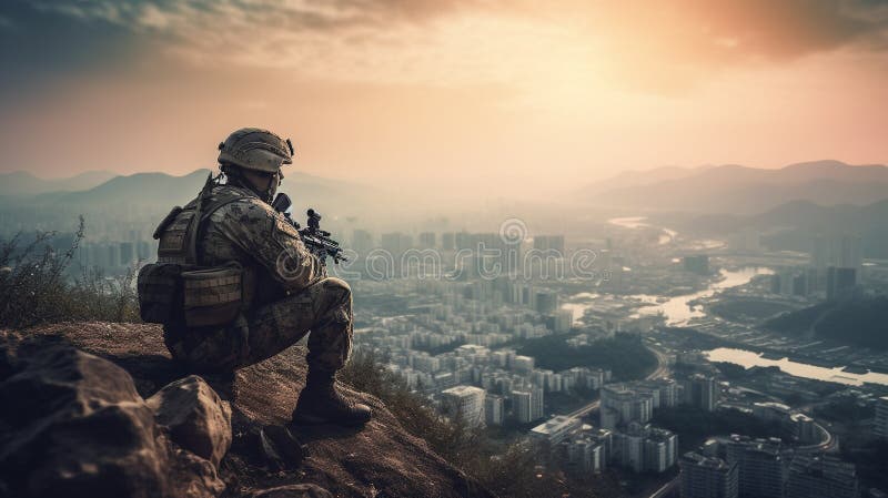 A Military Soldier Observes the City from High Above. AI Generated ...