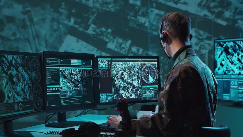 Military Soldier Operating Advanced Technology in a Command Center ...