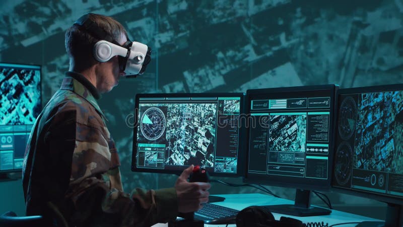 Military Soldier Operating Advanced Technology in a Command Center ...