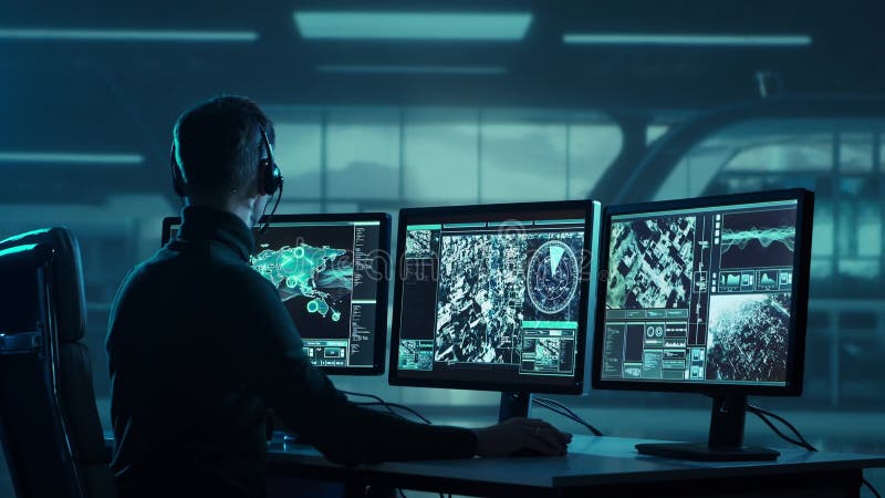 Military Soldier Operating Advanced Technology in a Command Center ...