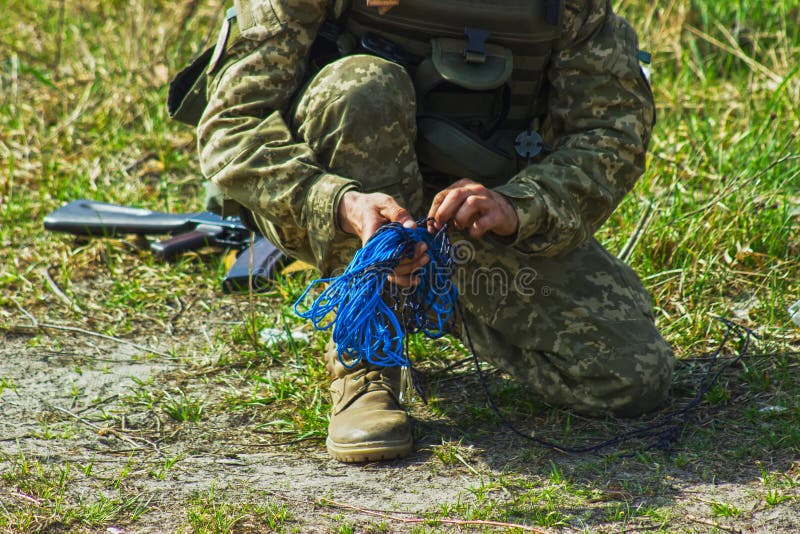 Military Soldier at Tactical Exercises with Rope Stock Photo - Image of ...