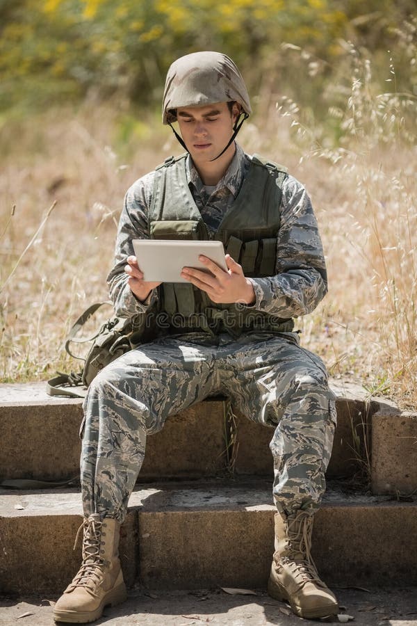 Military Soldier Using Digital Tablet Stock Photo - Image of martial ...