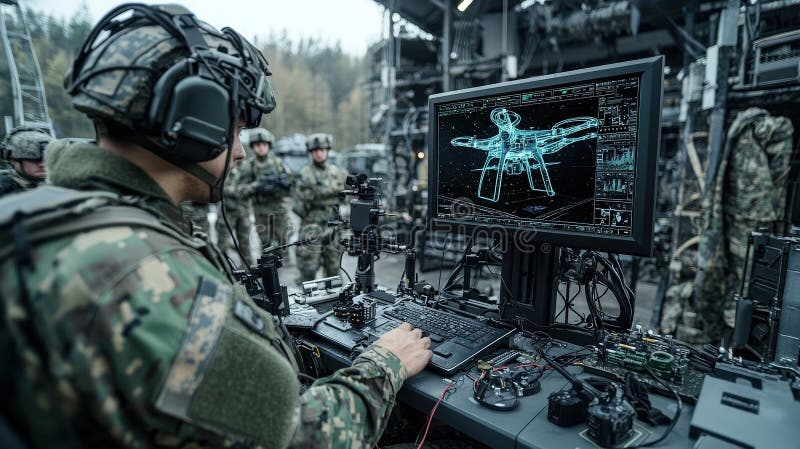 Military Soldiers Operating Advanced Drones at Base Tactical Control ...
