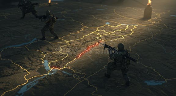 Military Strategy and Border Conflict Visualization on Illuminated Map ...
