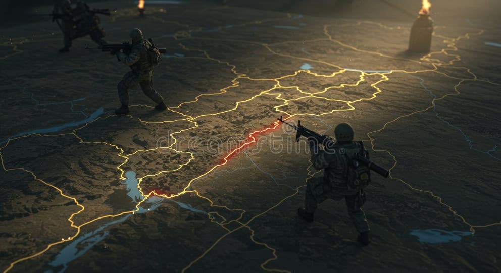 Military Strategy and Border Conflict Visualization on Illuminated Map ...
