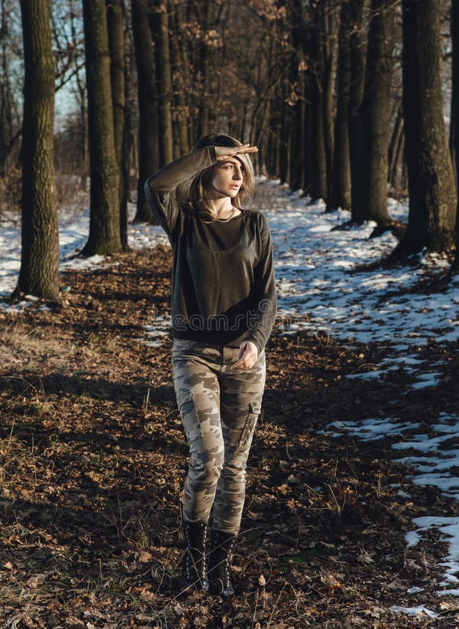 Military Style Girl in Winter Forest Stock Image - Image of female ...