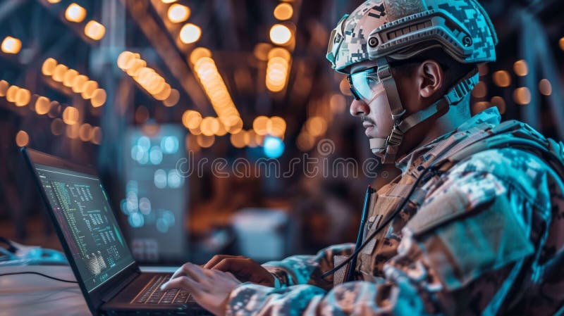 Military in Tactical Gear Using Laptop in Hightech Center for Data ...