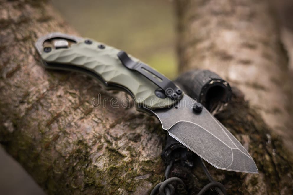 Military Tactical Knife on Tree in the Forest Stock Photo - Image of ...