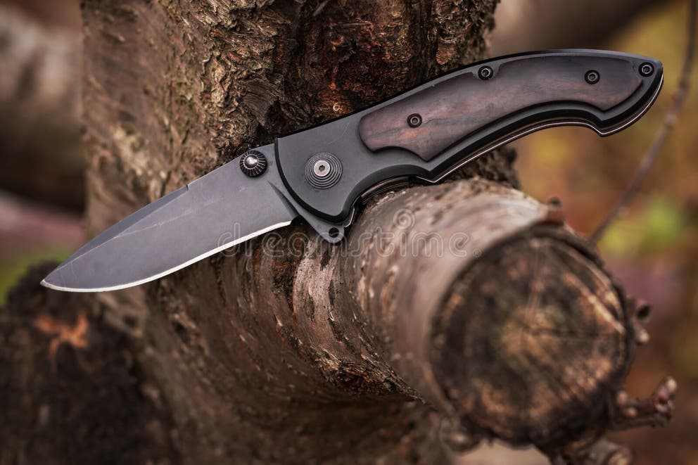 Military Tactical Knife on Tree in the Forest Stock Image - Image of ...