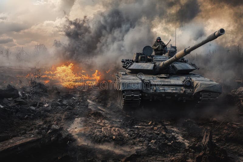 Military Tank Advancing through a War-torn Landscape Amid Smoke and ...