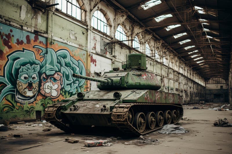 Military Tank Poised for Action in Vast Industrial Warehouse Setting ...