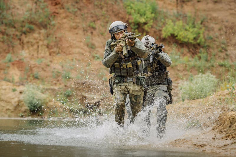 Military Team Crossing the River Under Fire Stock Image - Image of ...