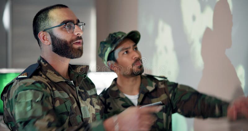 Military, Team and Satellite Presentation with Men for Defense Force ...