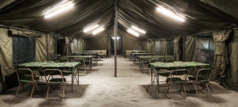 The Military Tent Interior Featuring Organized Dining Tables and Chairs ...