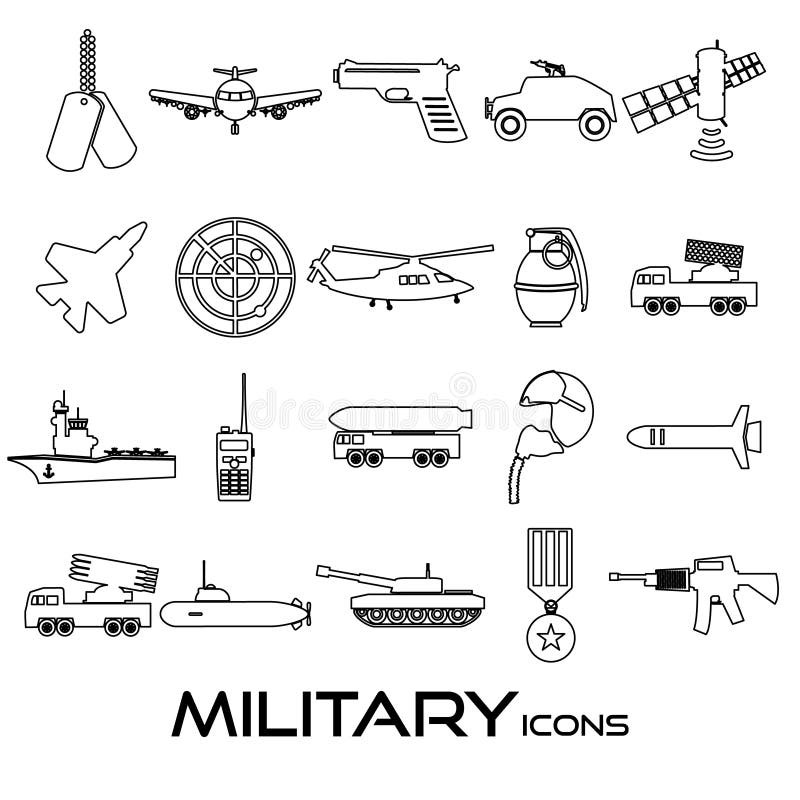 Military Theme Simple Black Outline Icons Set Stock Vector ...