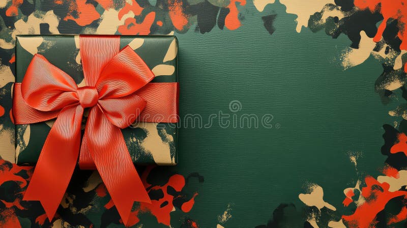 Military-Themed Gift Box with Ribbon Bow on Green Background Stock ...