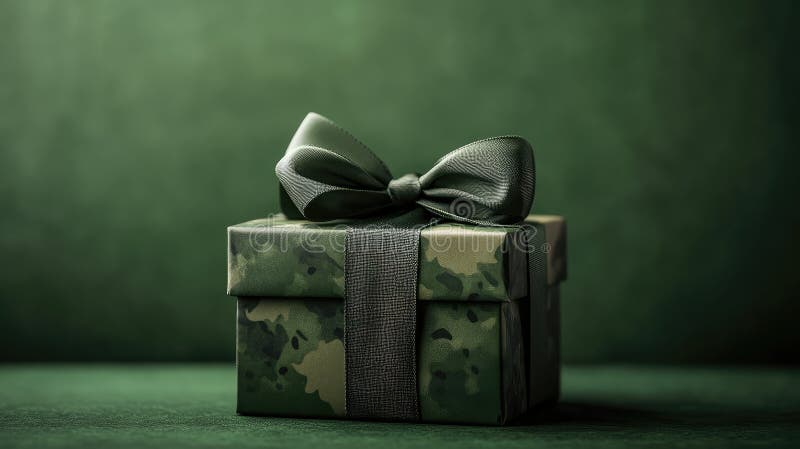 Military-Themed Gift Box with Ribbon Bow on Green Background Stock ...
