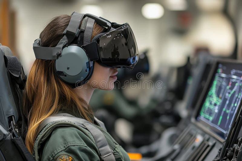 Military Training Session Featuring a Woman Using Virtual Reality Technology To Simulate ...