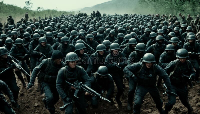 Military Troops Advancing in Formation through Rugged Terrain Stock ...