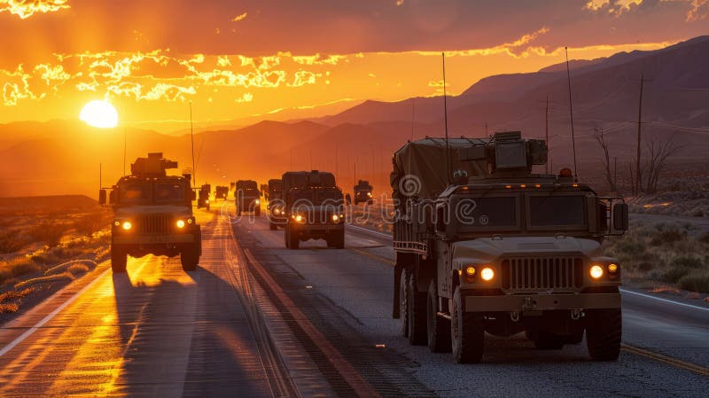 Military Trucks Driving on a Road at Sunset Stock Illustration ...