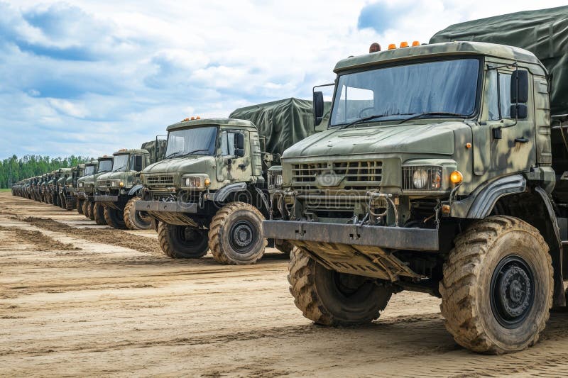 Military Trucks Lined Up on Dirt Road in Preparation for Deployment at ...