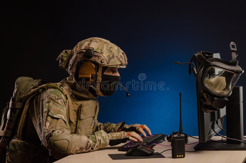 Military in Uniform Sitting at a Computer Conducts Cyber Warfare Stock ...