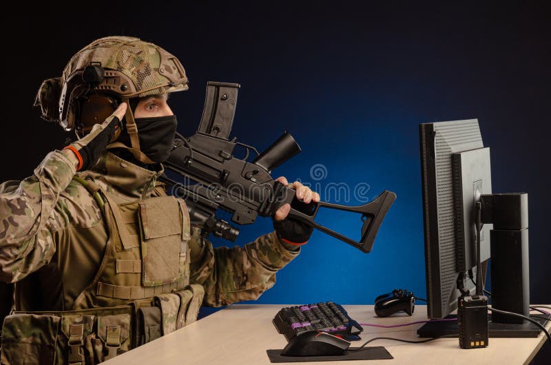 Military in Uniform Sitting at a Computer Conducts Cyber Warfare Stock ...