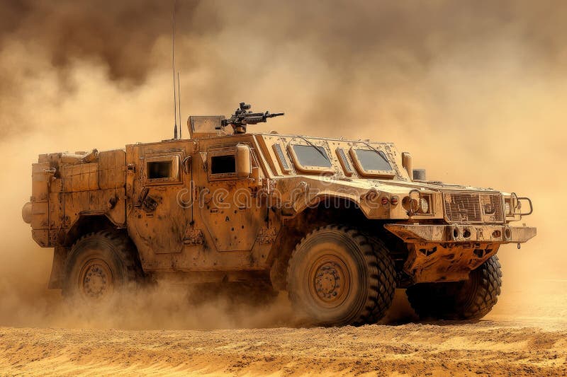 A Military Vehicle Navigating through Dusty Terrain, Showcasing Its ...