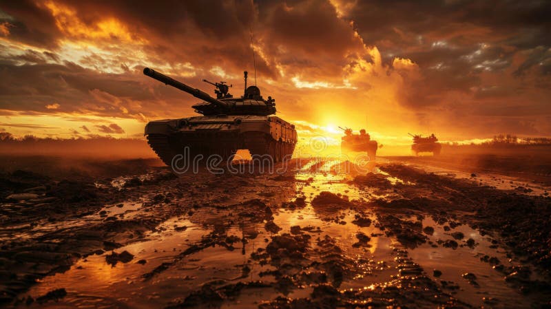 Military Vehicles Advance during a Dramatic Sunset in a War Torn ...