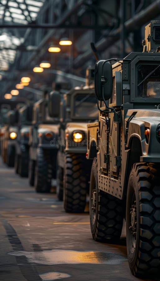 Military Vehicles in Factory Setting Emphasizing Strength and ...
