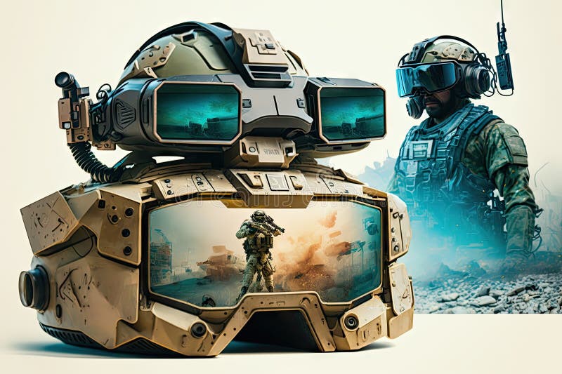 Military Vr Headset Double Exposure with Robotic Control Panel and ...