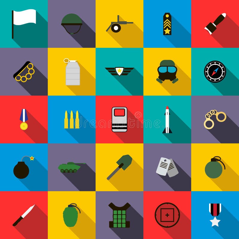 Military and War Icons Set, Flat Style Stock Vector - Illustration of ...