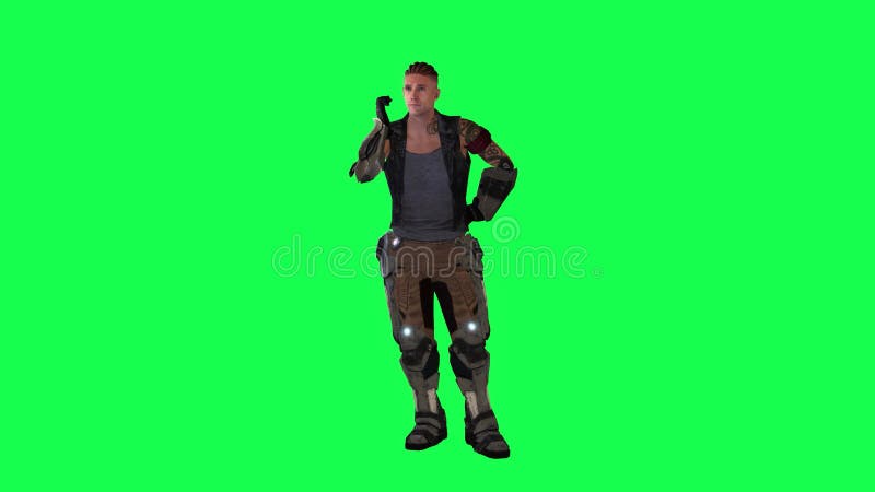 Military Warrior Man Talking on Phone from Opposite Angle on Green ...