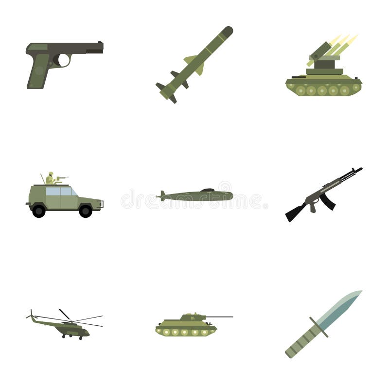 Military Weapons Icons Set, Flat Style Stock Vector - Illustration of ...