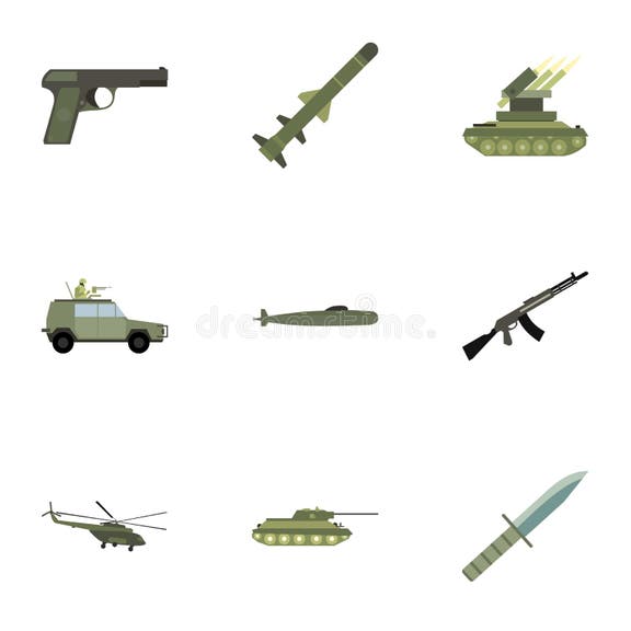 Military Weapons Icons Set, Flat Style Stock Vector - Illustration of ...