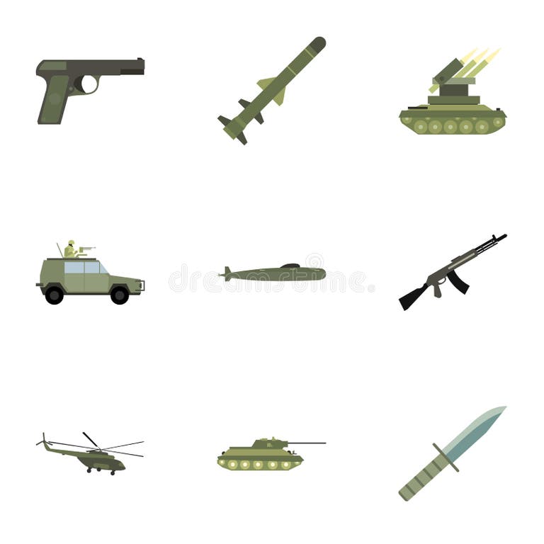 Military Weapons Icons Set, Flat Style Stock Vector - Illustration of ...